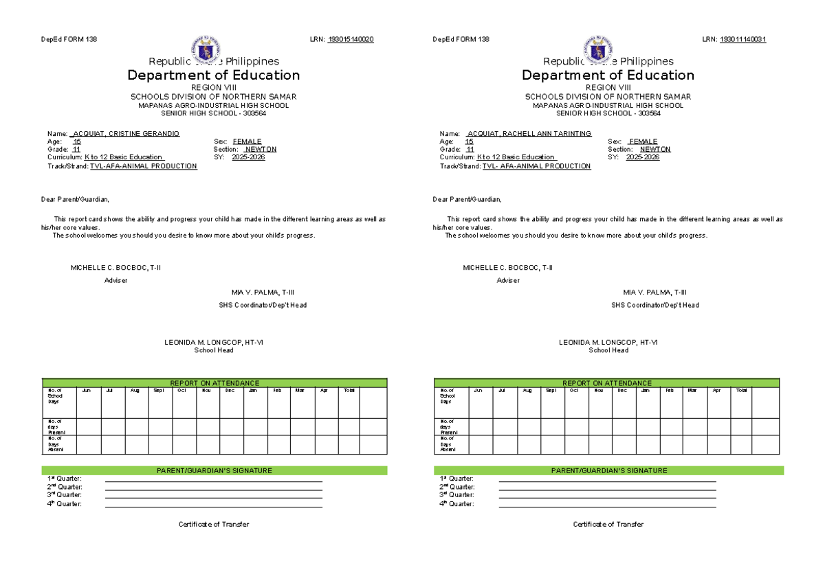 DepEd FORM 138: Progress Report Card for Grade 11 Students - Studocu