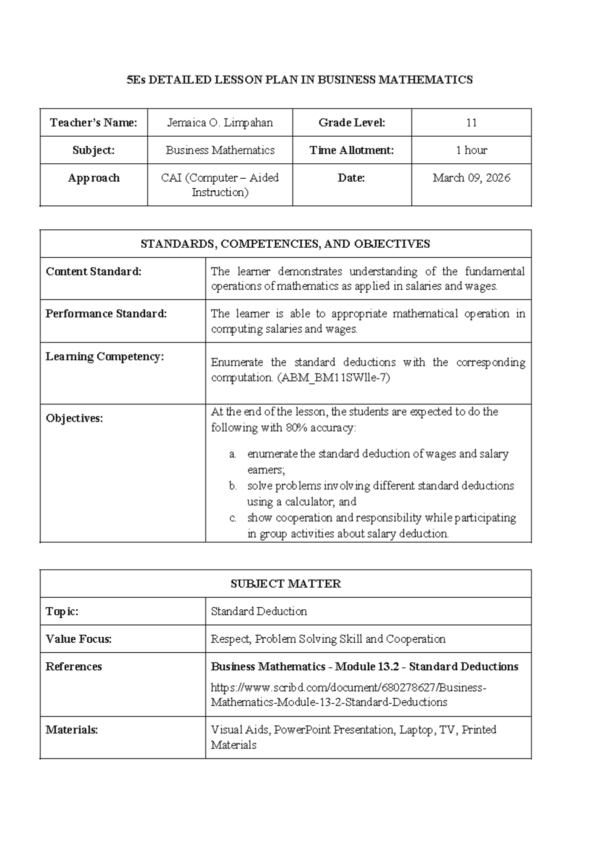 5Es Detailed Lesson Plan on Standard Deductions in Business Math (BM ...