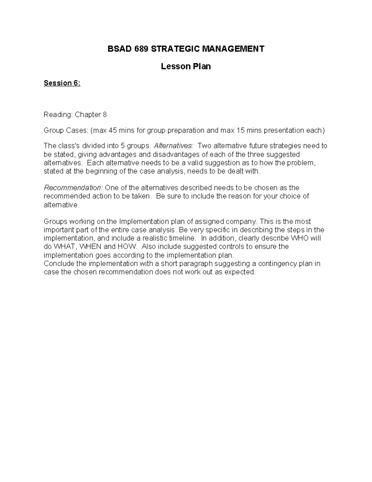 BSAD 689 STRATEGIC MANAGEMENT Lesson Plan: Chapter 8 Group Cases - Studocu