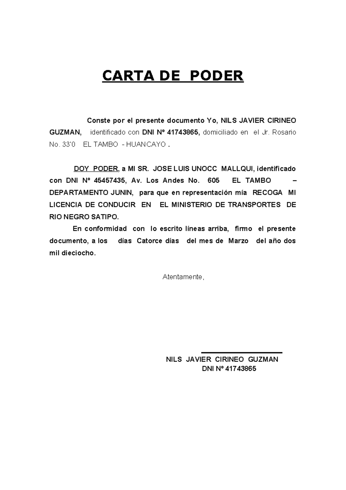 CARTA DE PODER - NILS JAVIER CIRINEO GUZMAN - Studocu