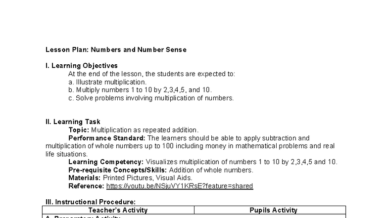 Lesson Plan: Multiplication Concepts for BEED II Block 16 - Studocu