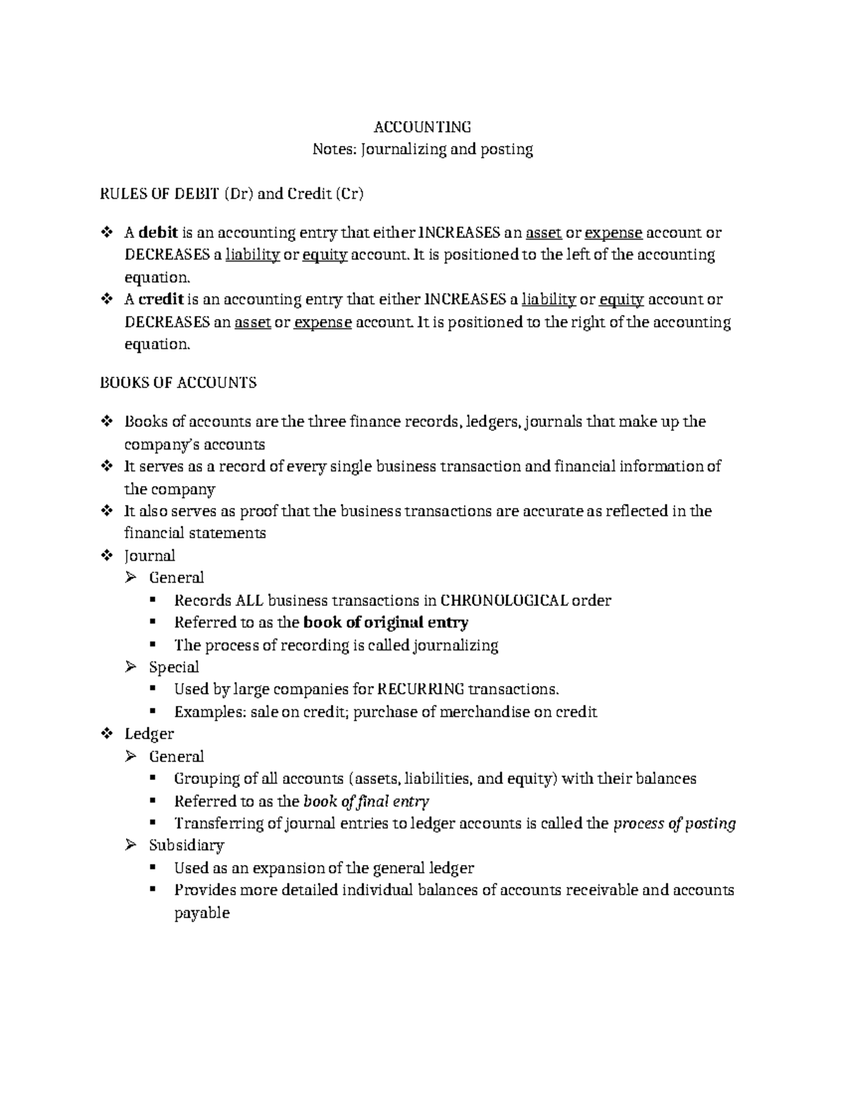 ACCT 101: Journalizing & Posting Rules of Debit and Credit - Studocu