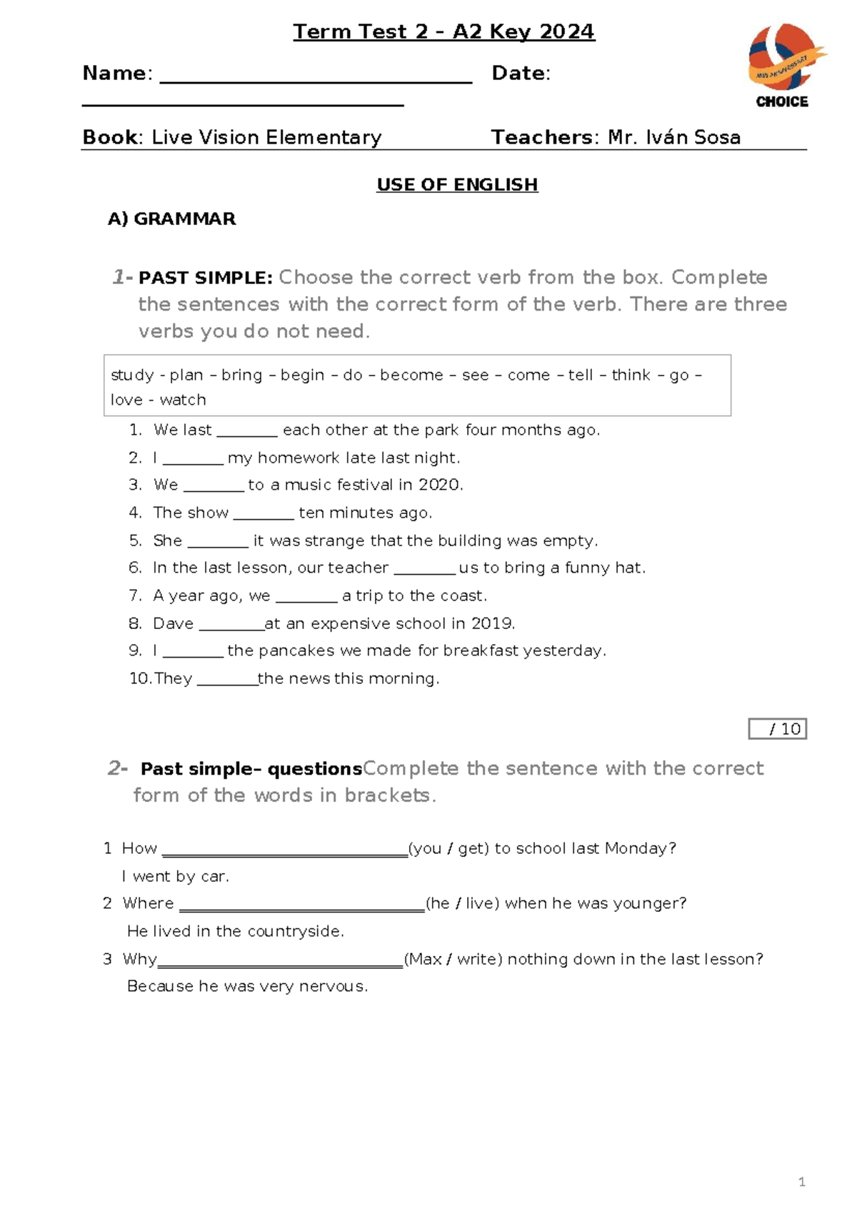 Use of English - A2 Key Term Test 2 2024 - Studocu