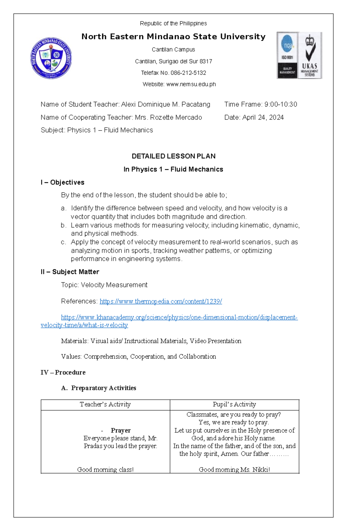 Fluid Mechanics (Physics 1 Lesson Plan: Velocity Measurement) - Studocu
