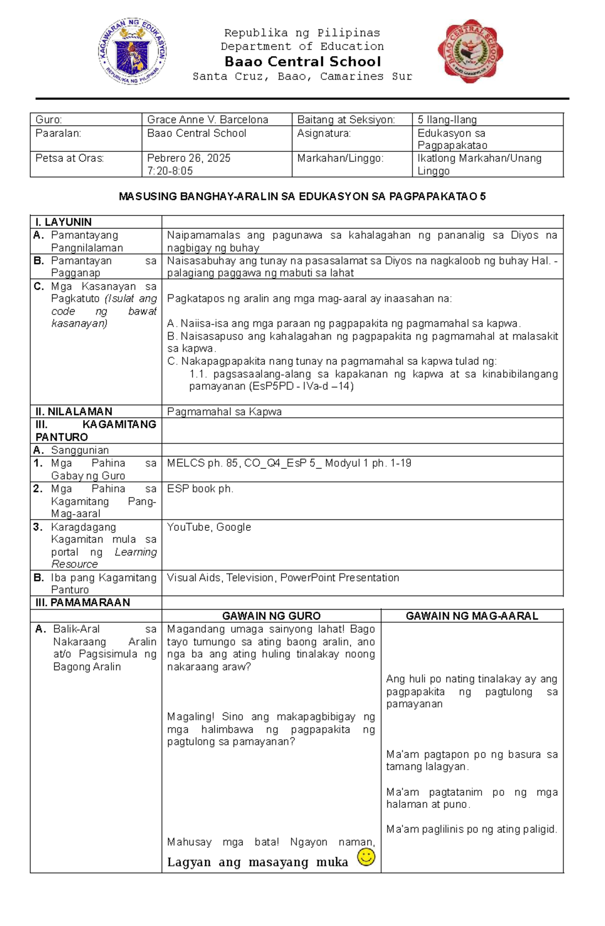 DLP in ESP 5 - Detailed Lesson Plan ESP 5 - Republika ng Pilipinas ...