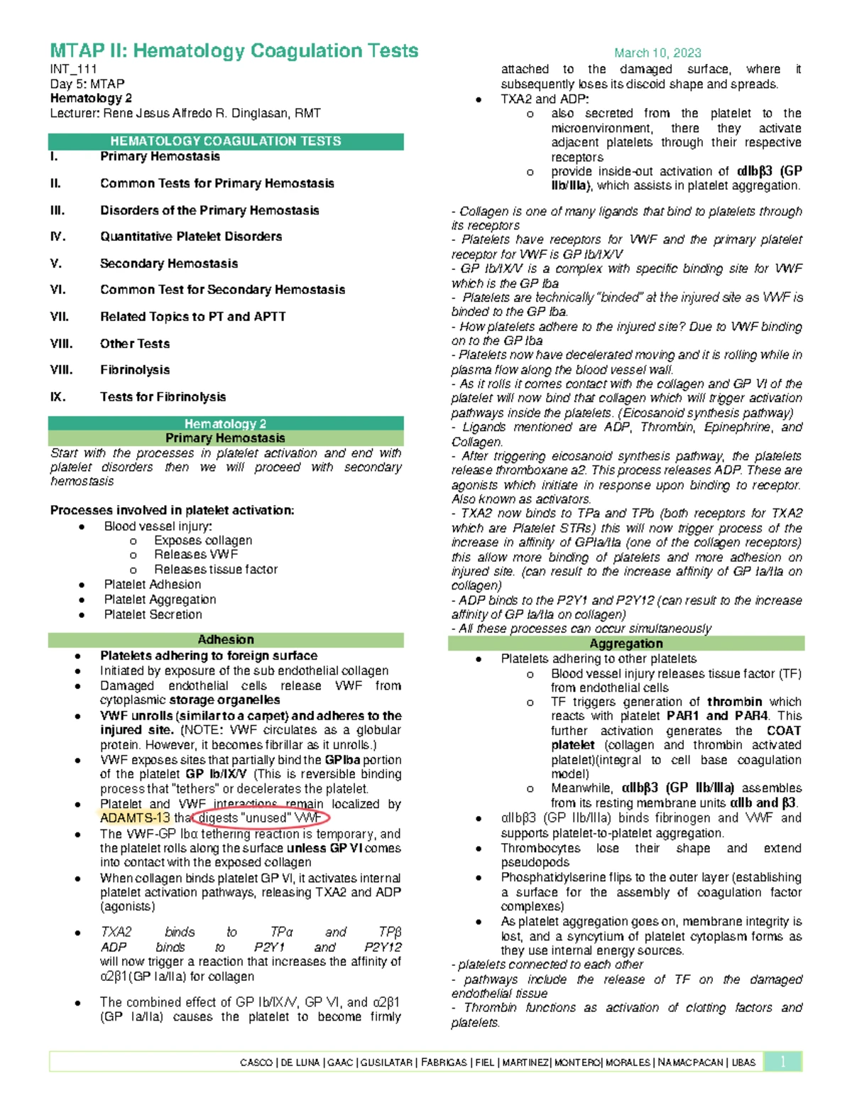 HEMA MTAP 2 - Hematology Coagulation Tests & Disorders Notes - Studocu