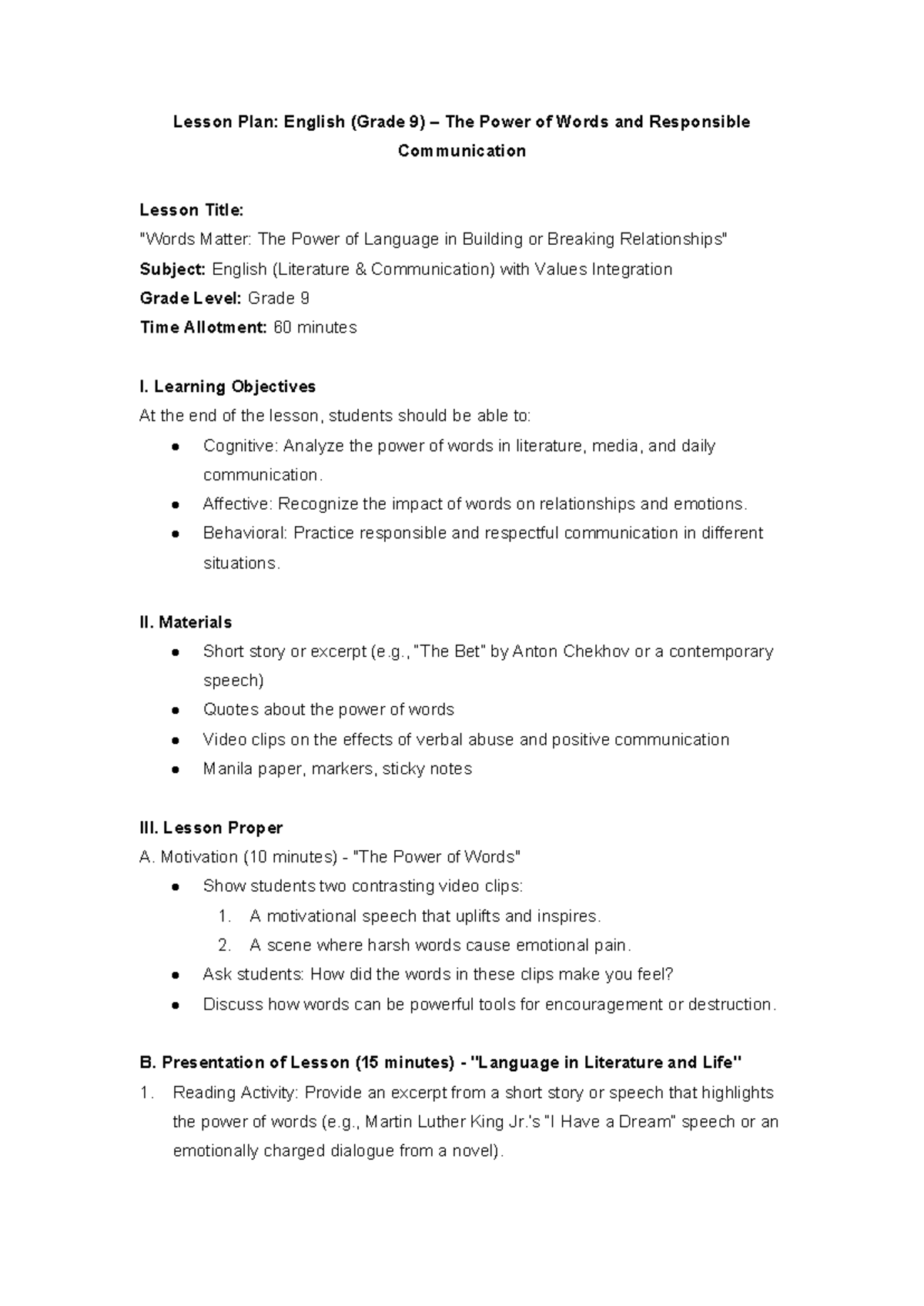 Lesson Plan: ENG 9 - The Power of Words & Responsible Communication ...