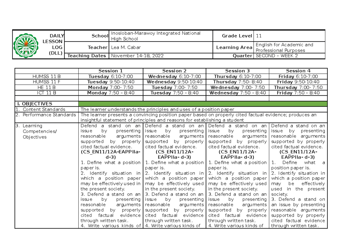 DLL-EAPP-2nd Quarter-Lesson Log for Week 2 Activities - Studocu