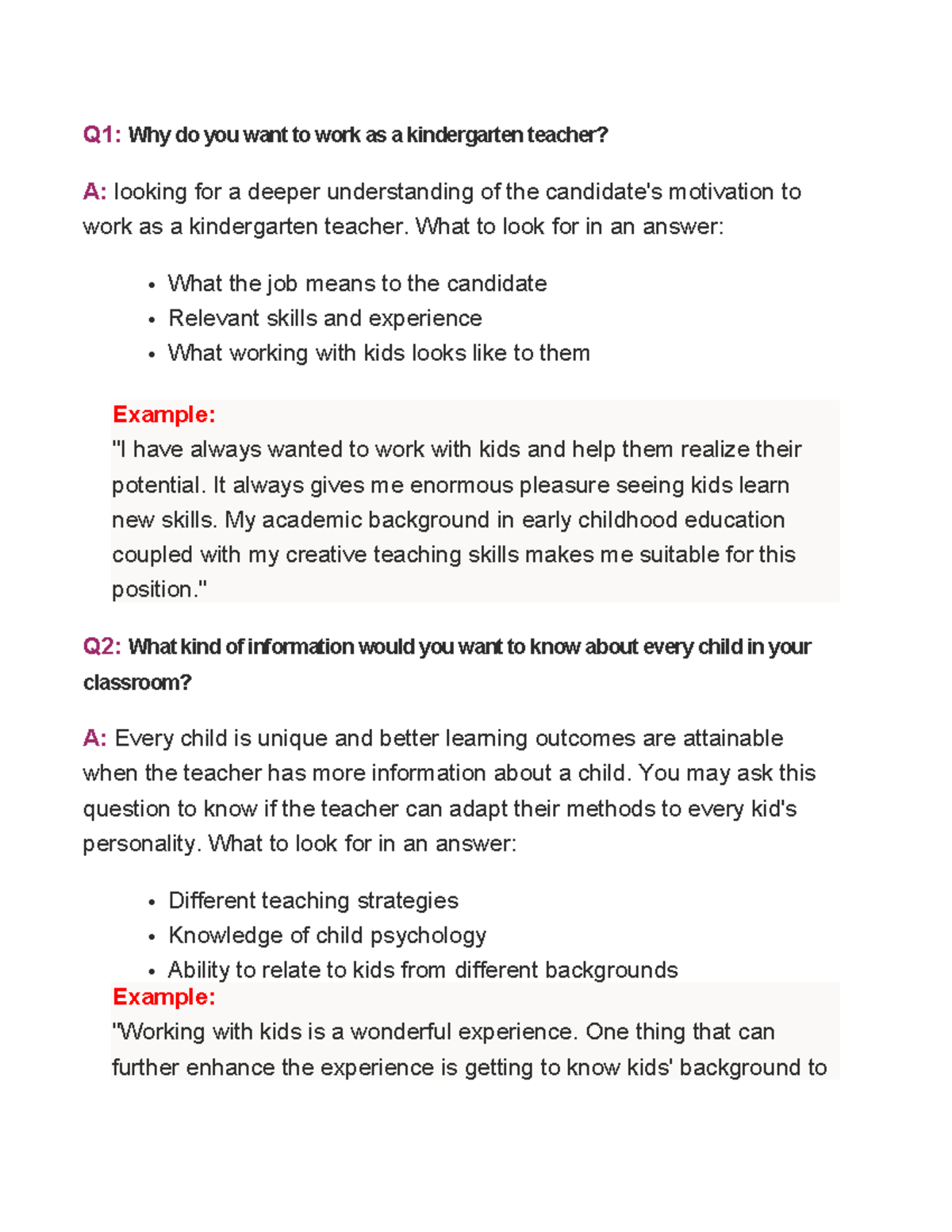 Kindergarten Teacher Interview Questions and Answers Guide - Studocu