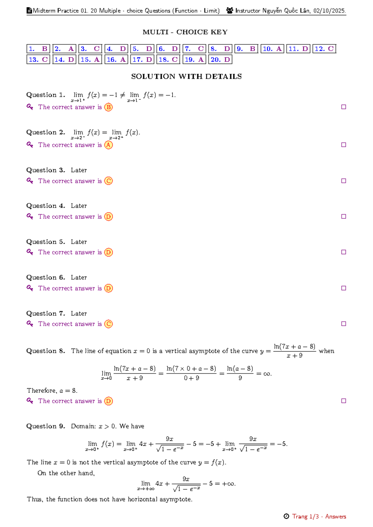 Cal1MQ4pa - Midterm Practice 01: 20 MCQs on Function Limits - Studocu