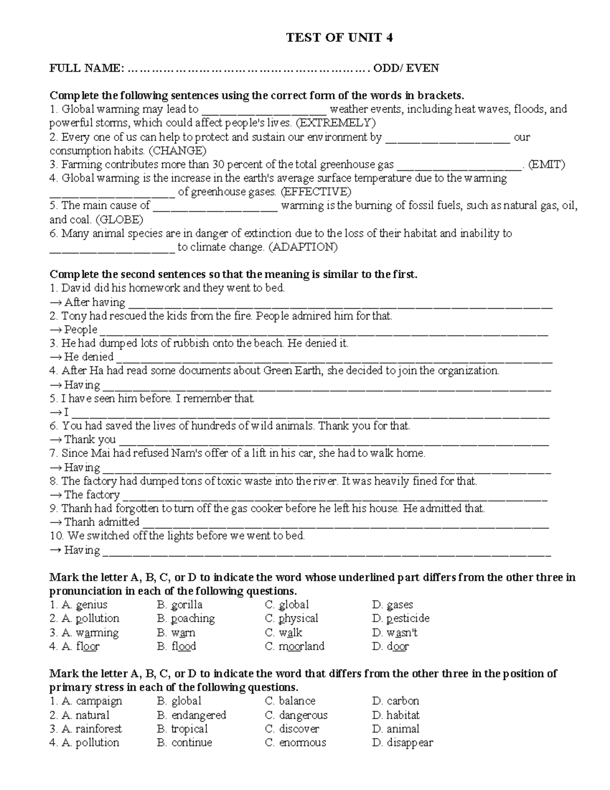 UNIT 5 KIỂM TRA - Global Warming and Environmental Issues - Studocu
