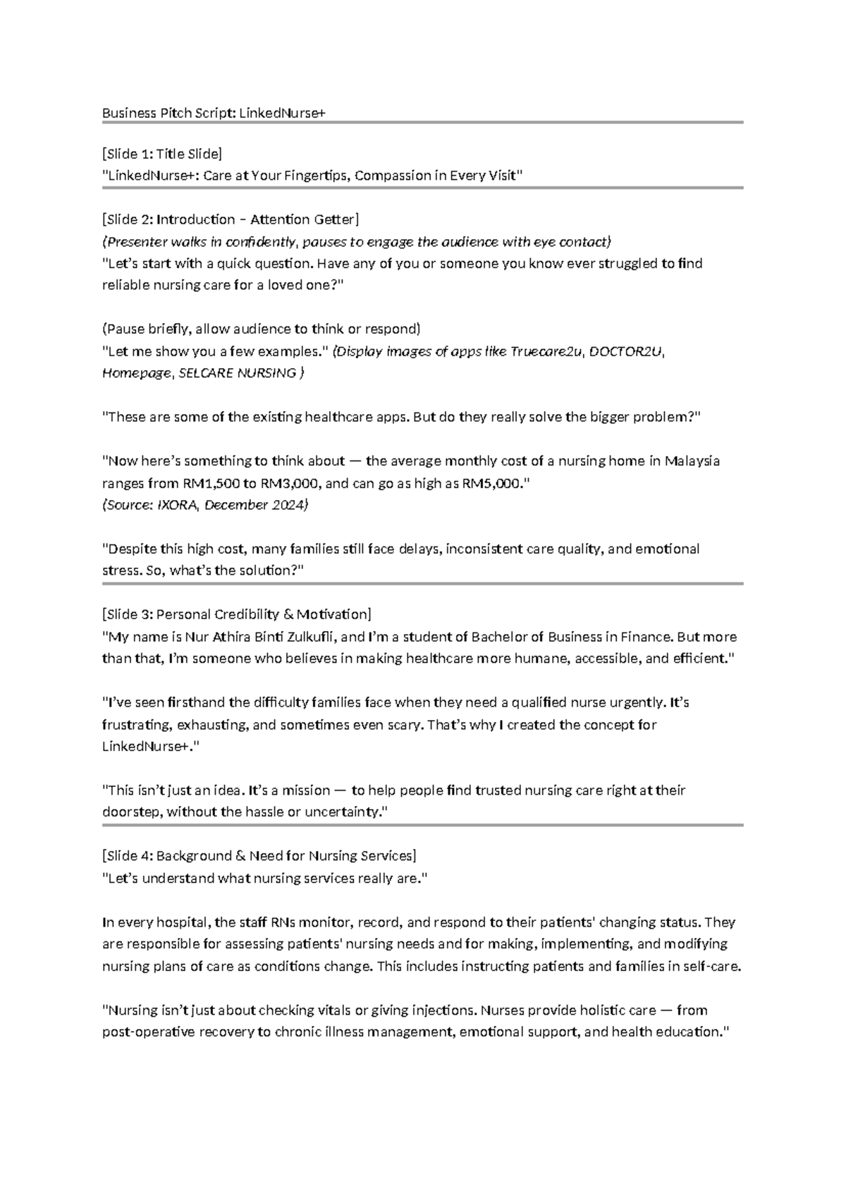 Business Pitch Script: Care at Your Fingertips for Nursing Services ...
