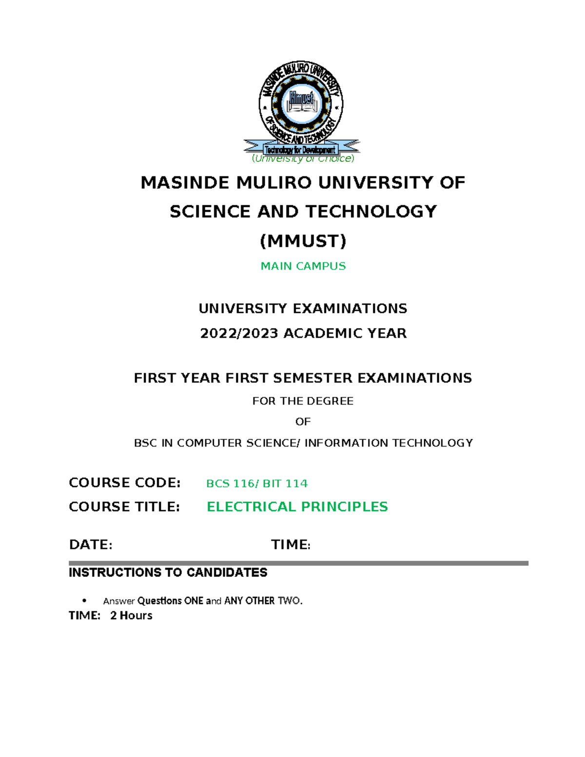 BCS 116/BIT 114 - Electrical Principles Practice Exam Questions - Studocu
