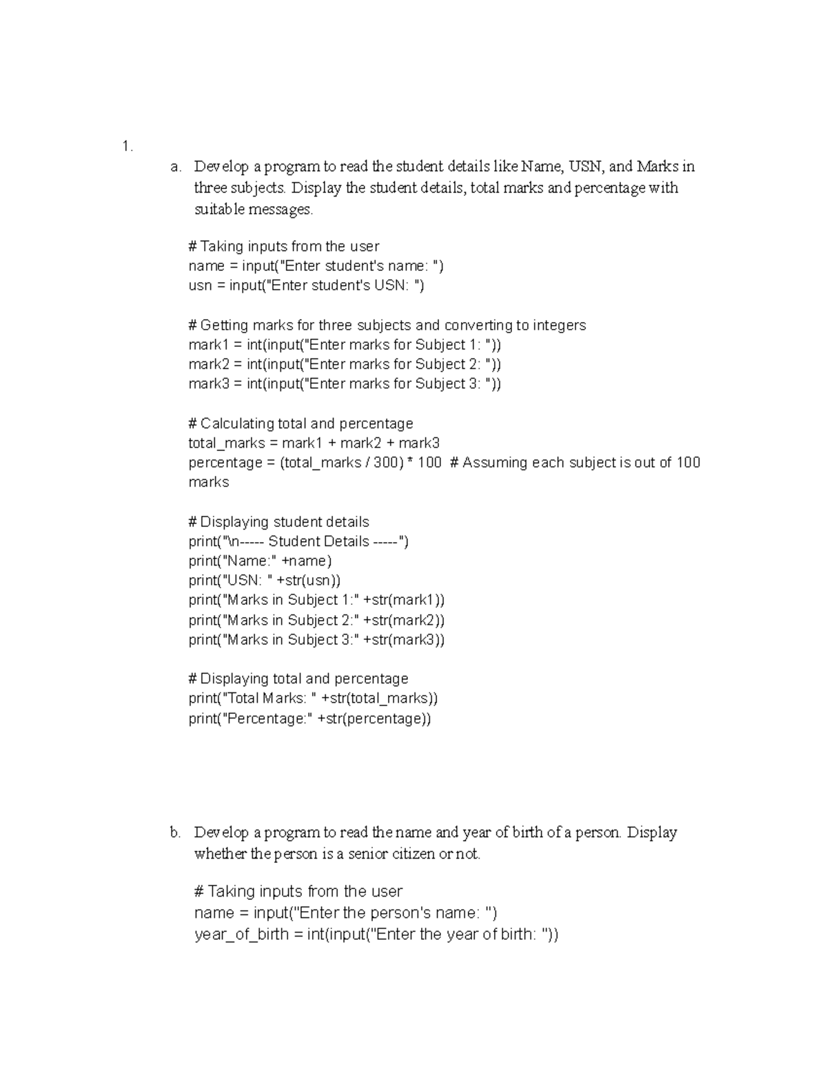 Python Programming Manual for 1st Year: Student Details & Age Check - Studocu