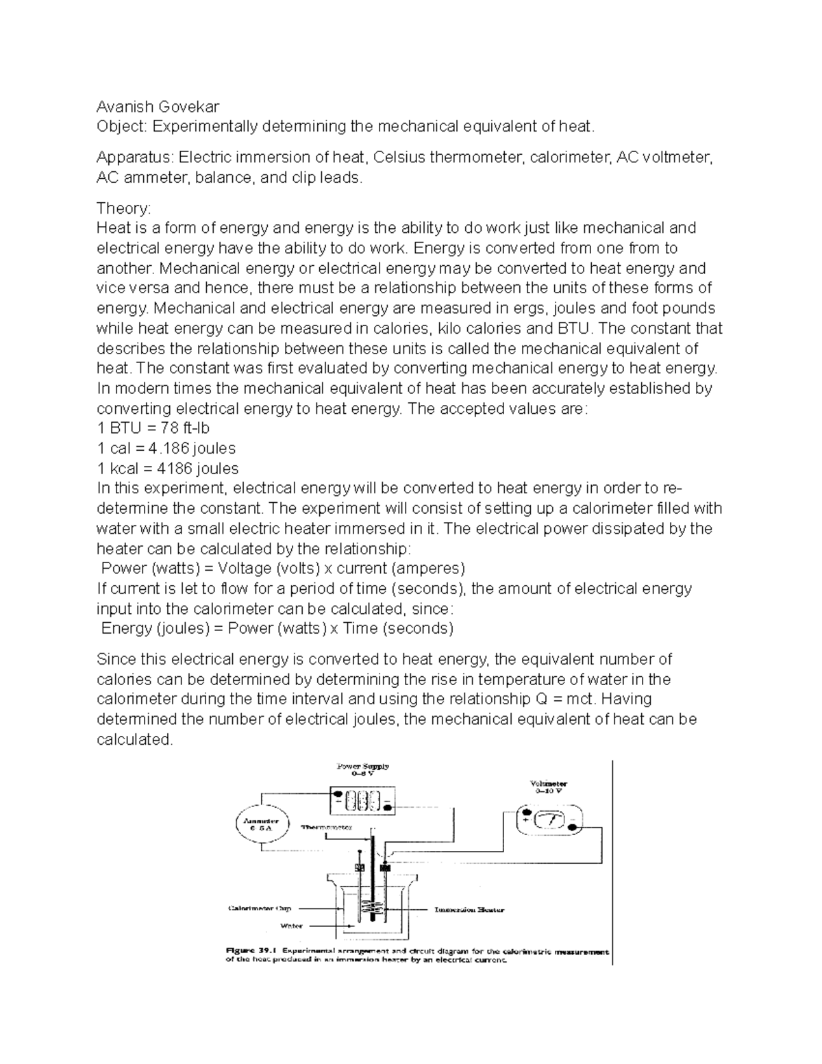 Lab Report on Mechanical Equivalent of Heat Experiment (PHYS 101) - Studocu