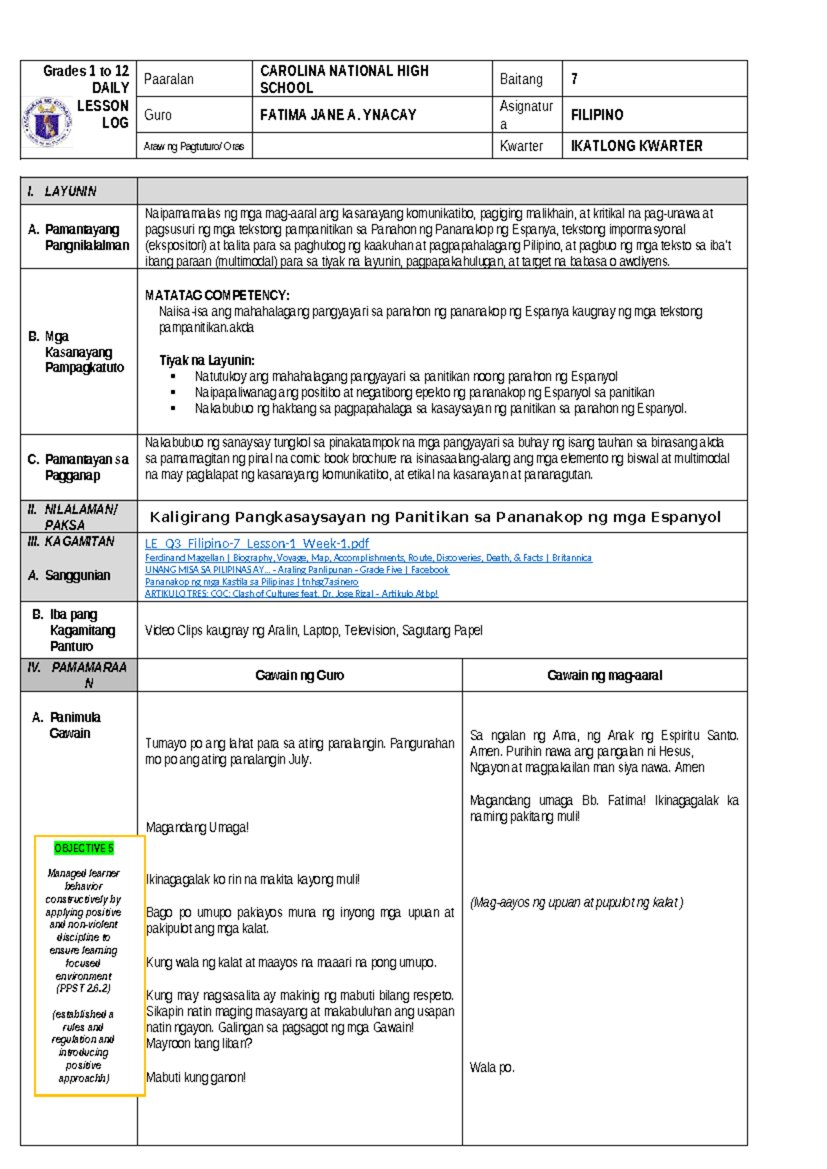 COT1-Lesson Plan: Kaligirang Pangkasaysayan ng Panitikan sa Ikatlong ...