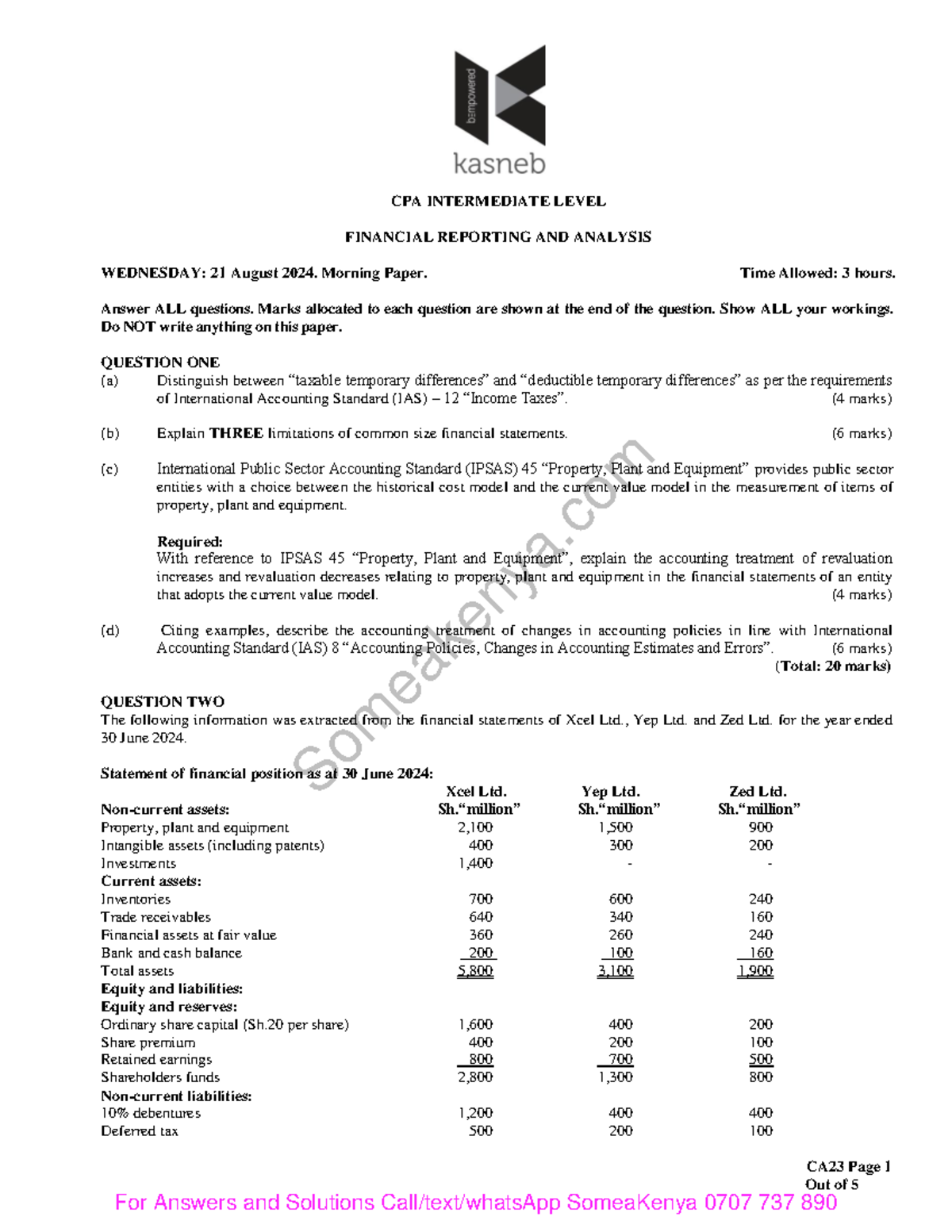 FRA August 2024 - CPA Intermediate Level Financial Reporting Past Paper ...