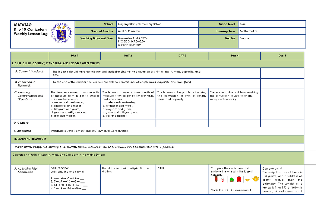 MATH4 Q2 W5 DLL - Detailed Lesson Plan on Unit Conversions in Math 4 ...