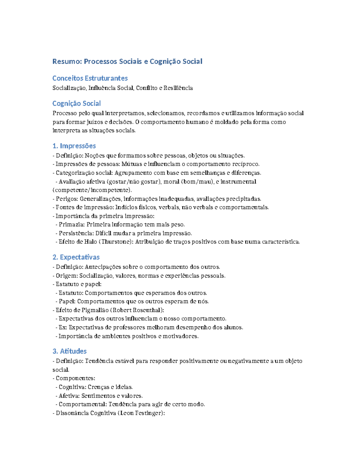 Resumo: Processos Sociais e Cognição Social - Conceitos e Efeitos - Studocu