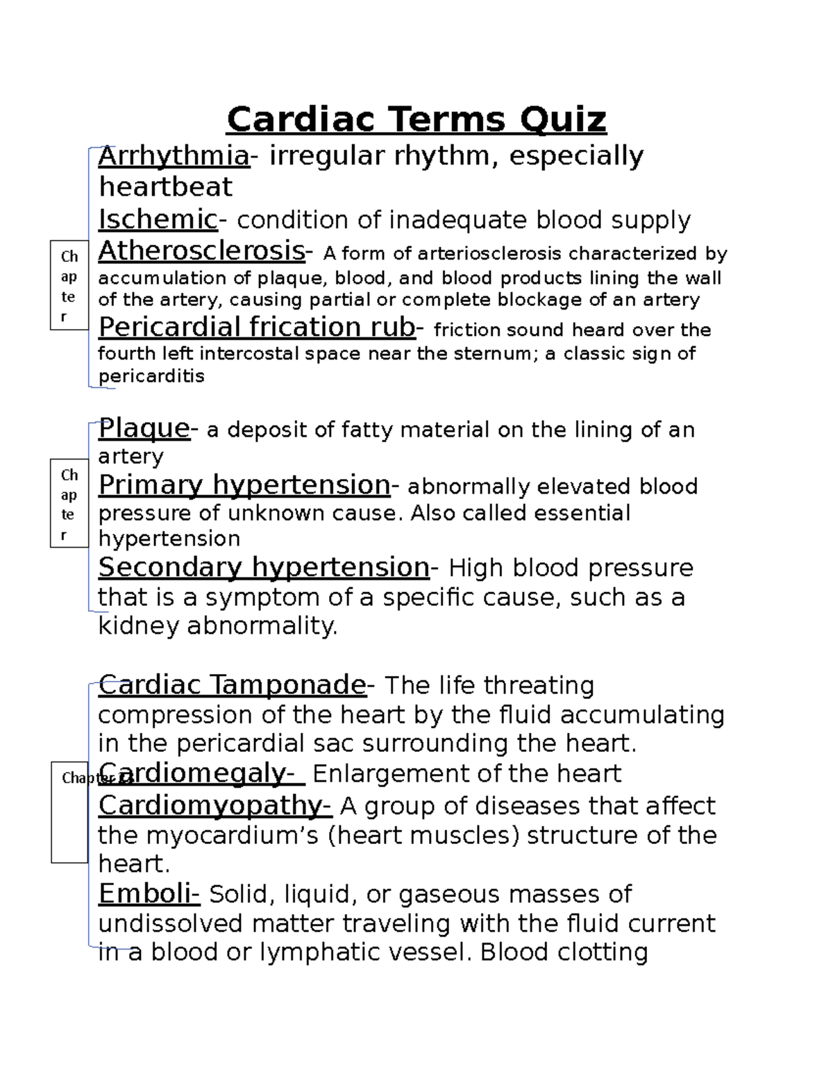 Cardiac Terms Quiz - Cardiac Terms Quiz Arrhythmia- irregular rhythm ...