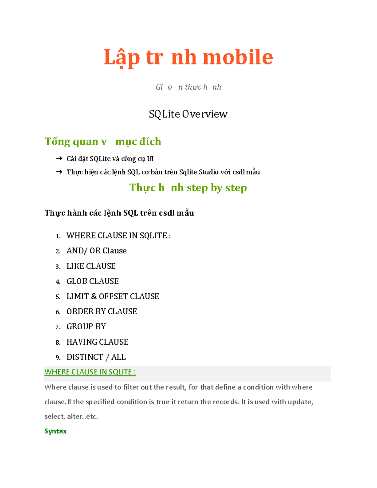 Lập trình Mobile: Giáo án Thực Hành SQLite Overview (MOB101) - Studocu