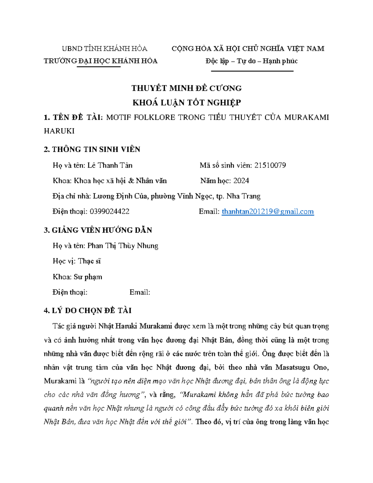 Đề cương KLTN: Motif Folklore trong tiểu thuyết Murakami Haruki - Lê ...