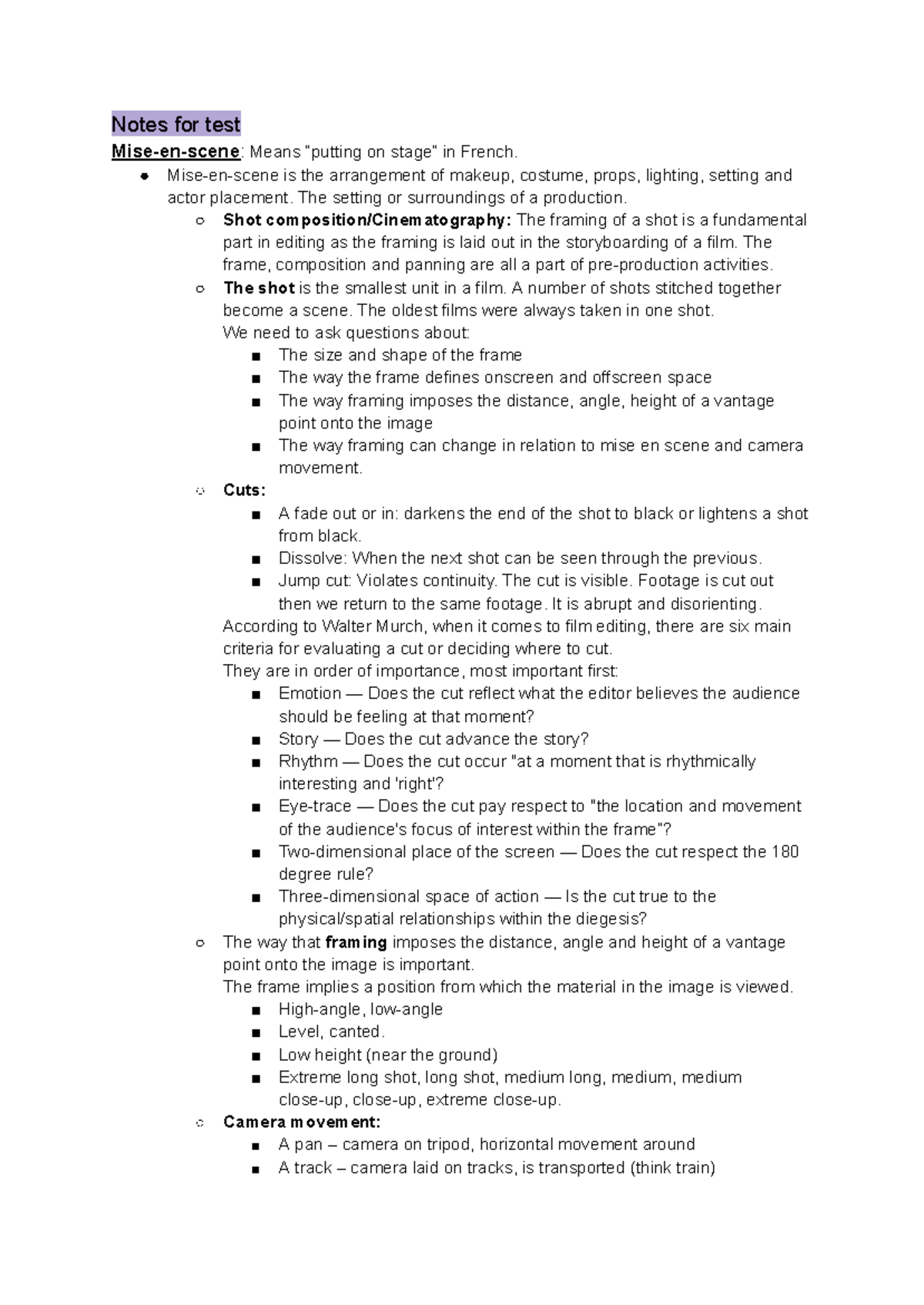 Notes for MFCO101 Test: Cinematic Techniques and Analysis - Studocu