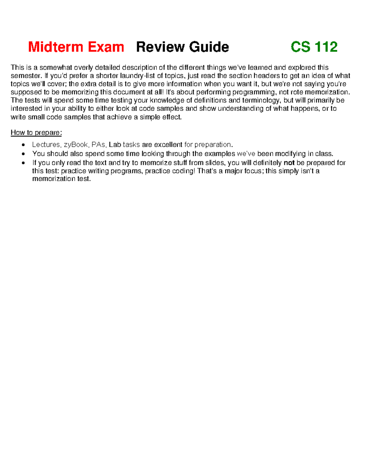 CS 112 Midterm Exam Review Guide: Key Concepts and Tips - Studocu