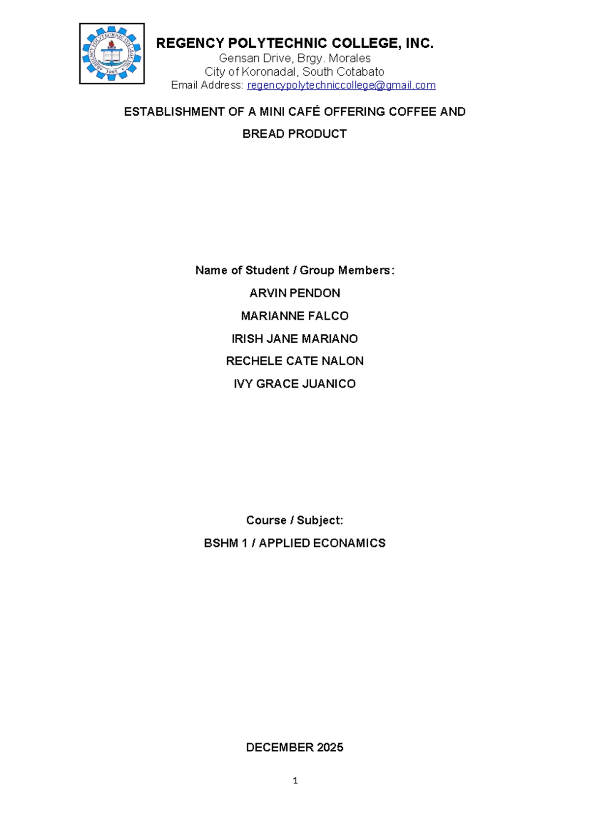 Feasibility Study for Mini Café Project (BSHM 1) - Studocu