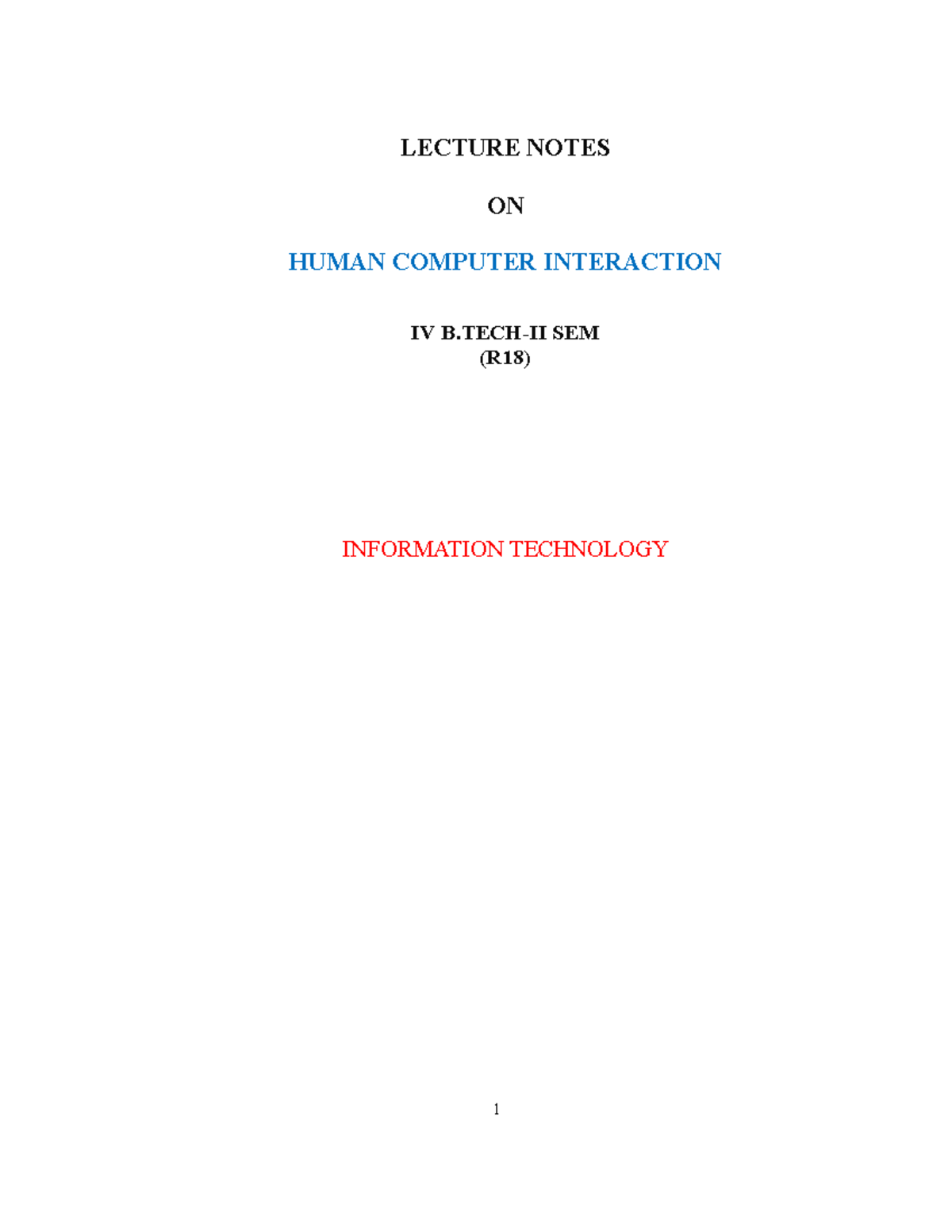 Hci Lecture Notes 1 Lecture Notes On Human Computer Interaction Iv B Ii Sem R18 Information