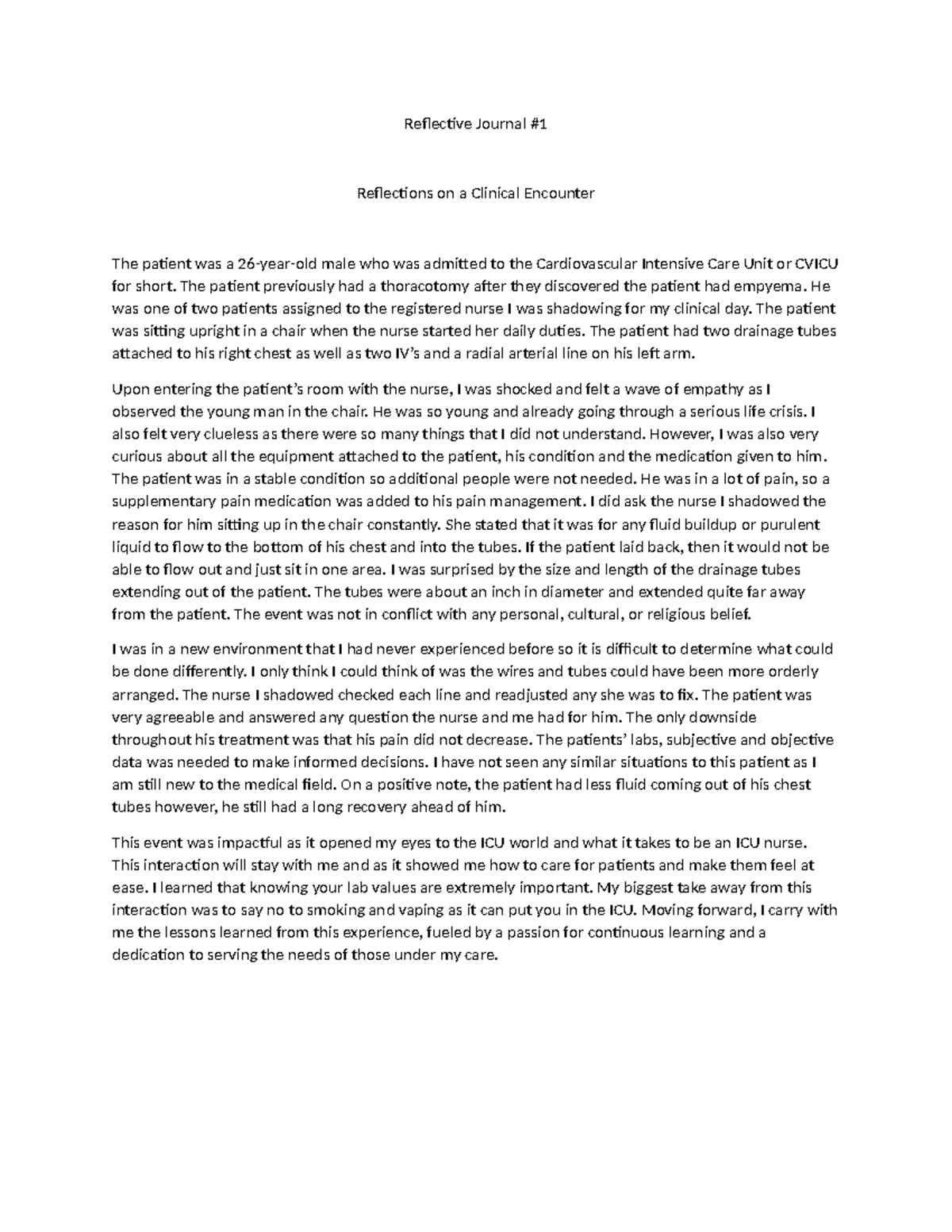 Journal 1 - Reflective Journal # Reflections on a Clinical Encounter The patient was a 26-year ...