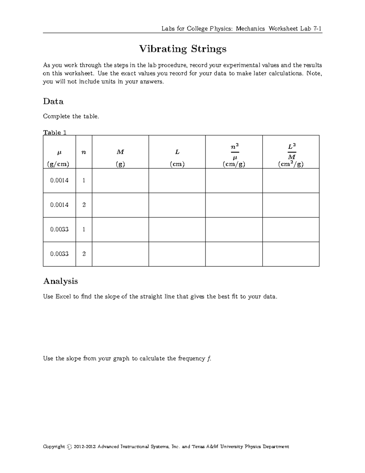 College Physics: Mechanics Lab Worksheet on Vibrating Strings - Studocu
