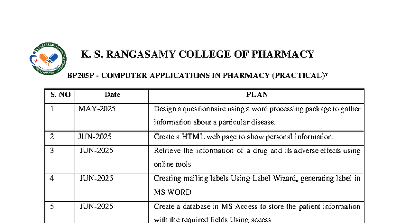 BP205P Computer Applications in Pharmacy: Practical Course Plan - Studocu