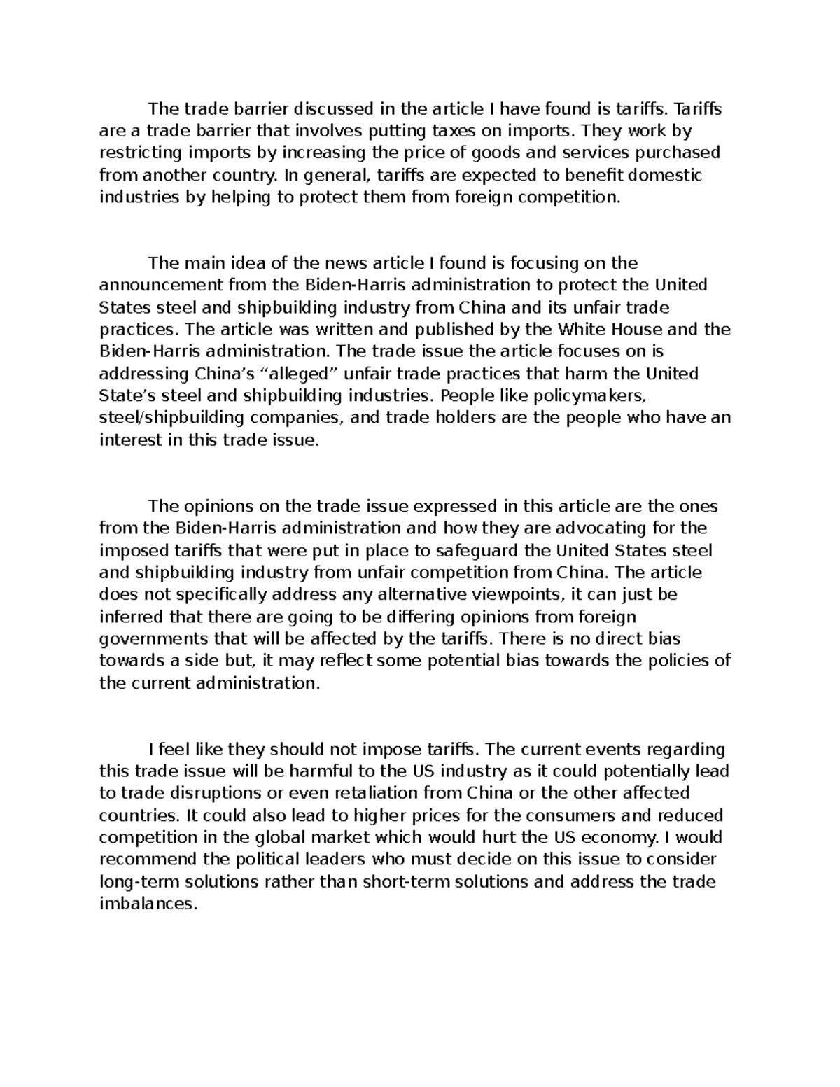 3.08 Honors Assignment: Analyzing Tariffs and Trade Barriers - Studocu