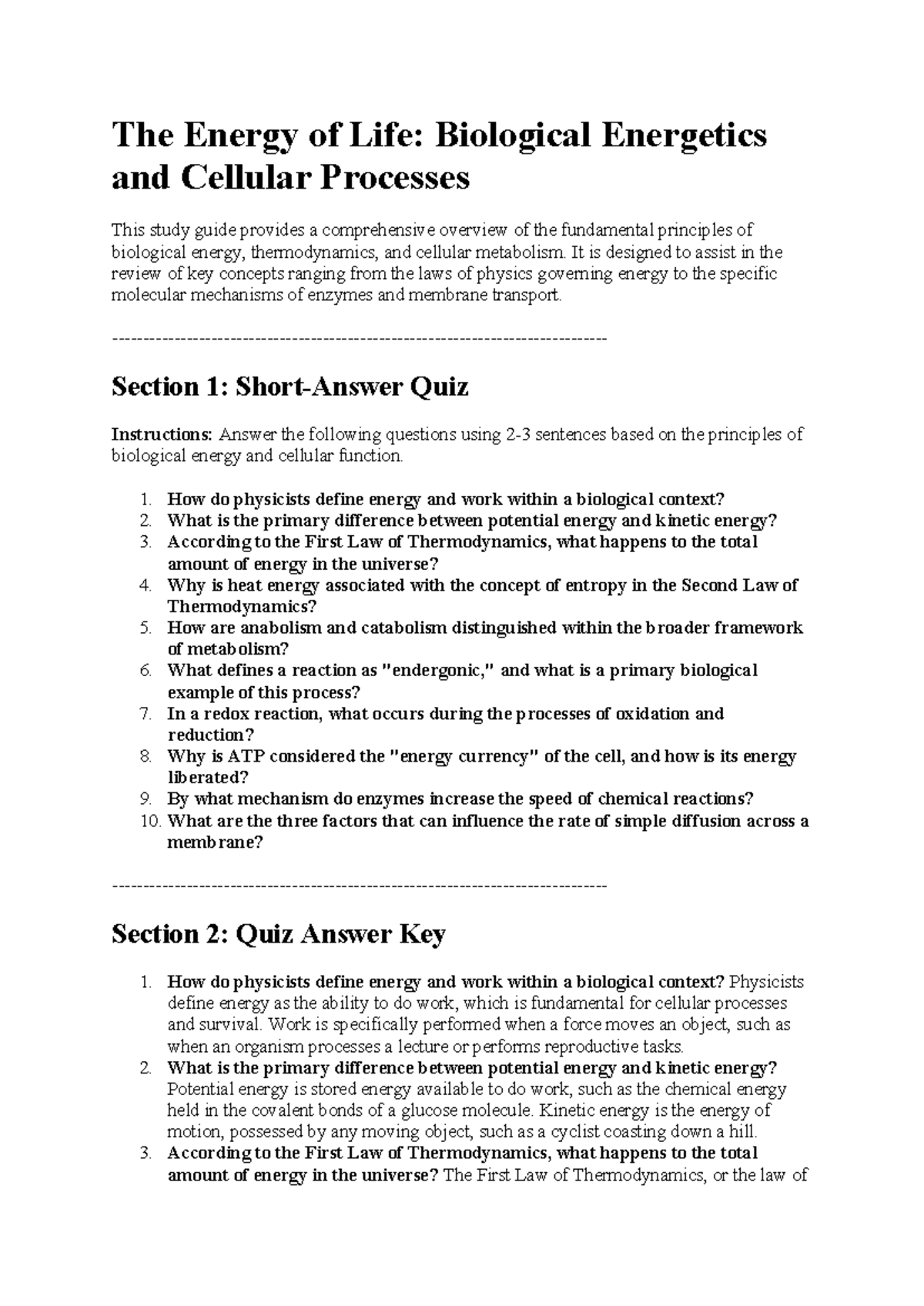 Biol 101: Study Guide on Biological Energetics & Cellular Processes ...
