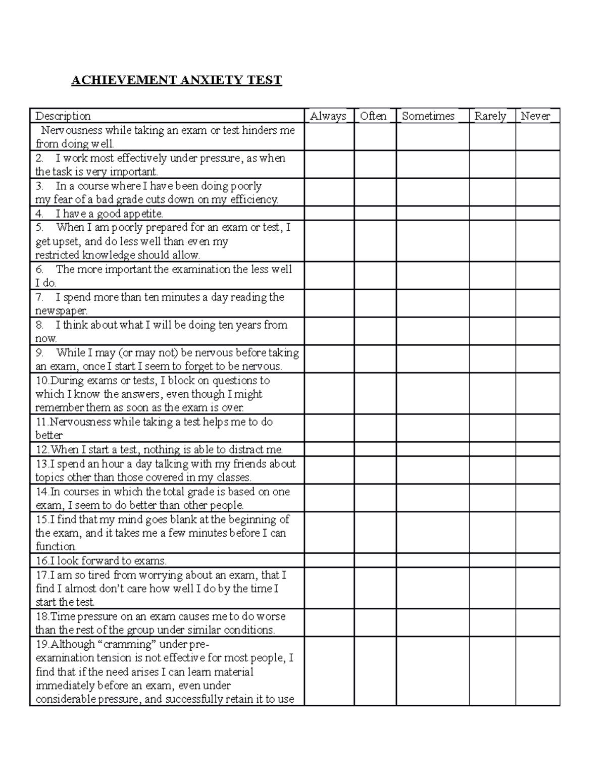 Achievement Anxiety Test - Scale and Assessment Details - Studocu