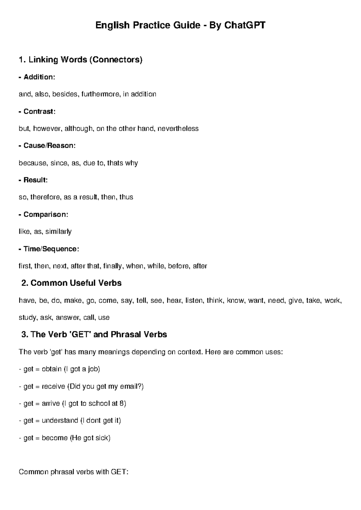 English Practice Guide: Linking Words & Common Verbs - Studocu