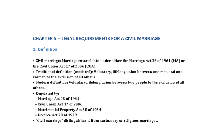 CHAPTER 5: LEGAL REQUIREMENTS FOR CIVIL MARRIAGE (MA & CUA) - Studocu