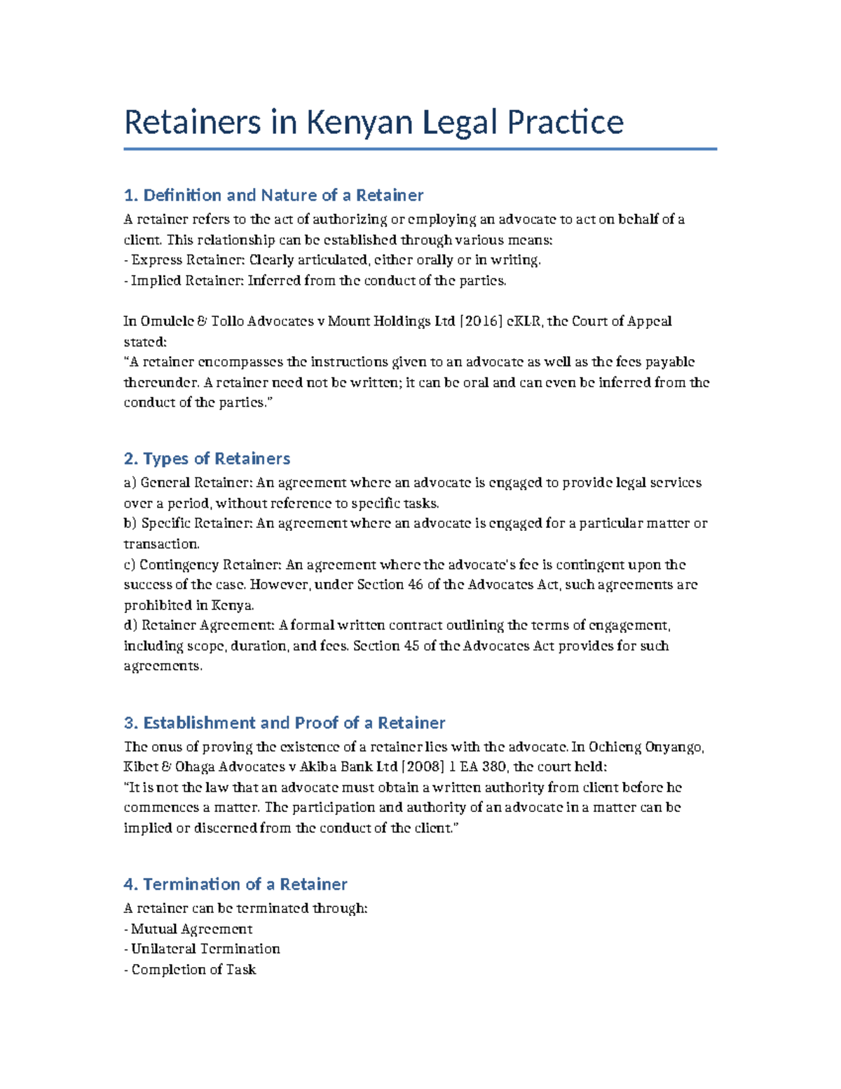 Retainers in Kenyan Legal Practice: Definition, Types, and Legal ...