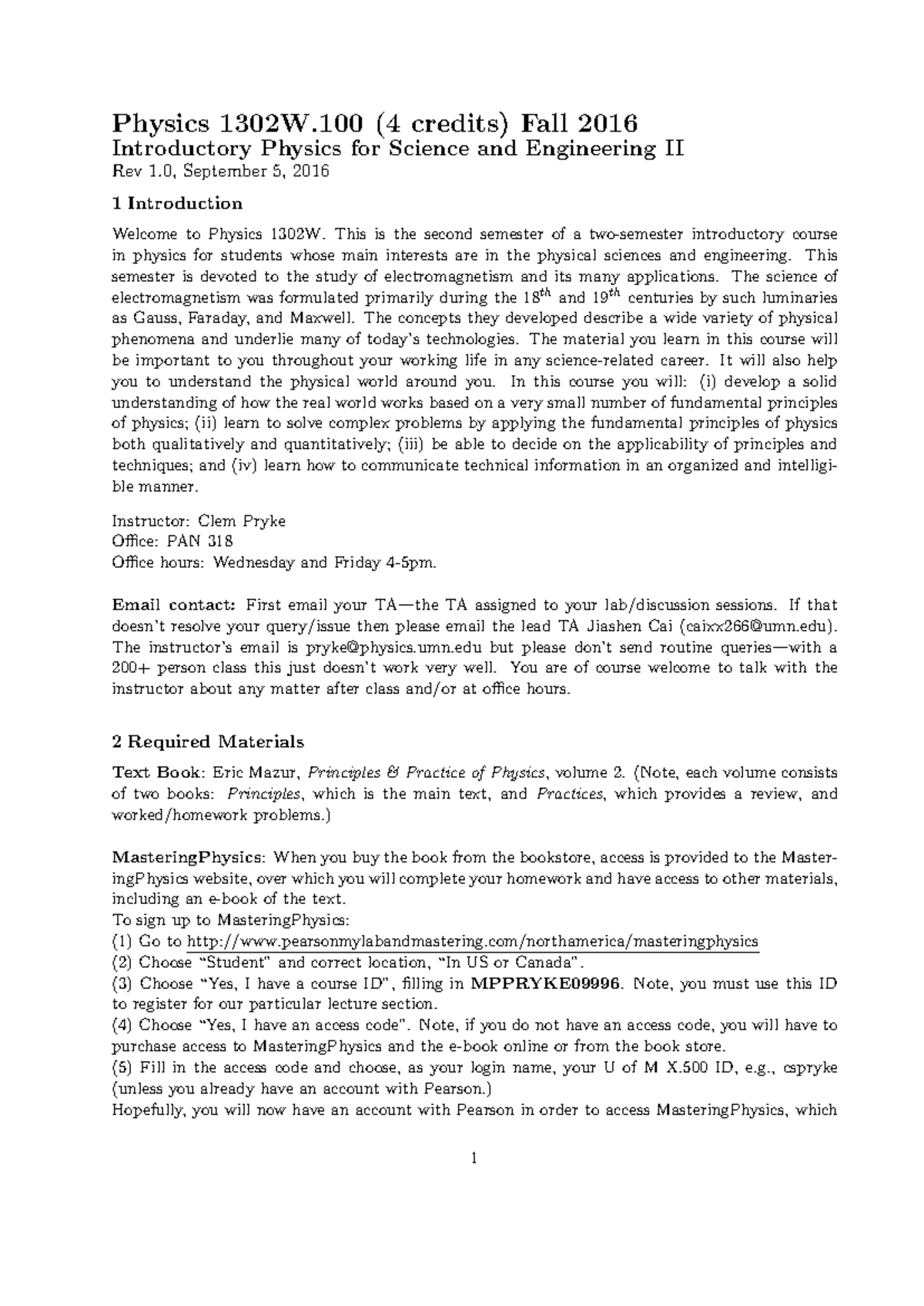 Syllabus 1302 - 1234 - Physics 1302W (4 credits) Fall 2016 Introductory ...