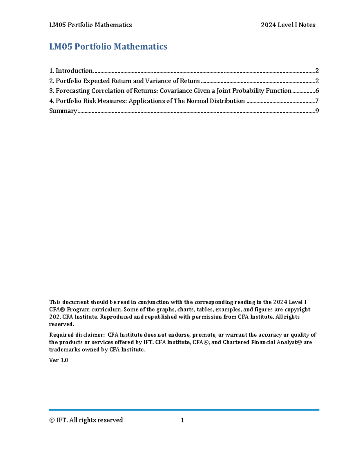 LM05 Portfolio Mathematics 2024 Level I Study Notes - Studocu