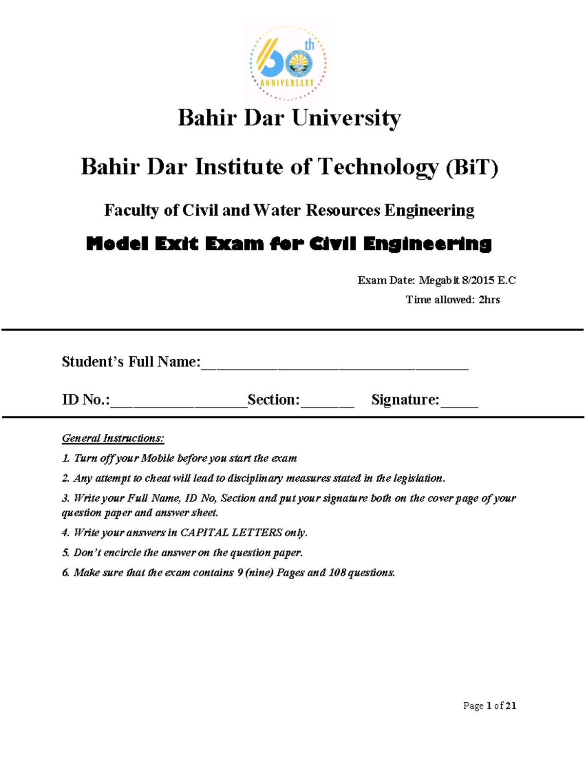 Bahir Dar University BiT Civil Engineering Model Exit Exam Guide - Studocu