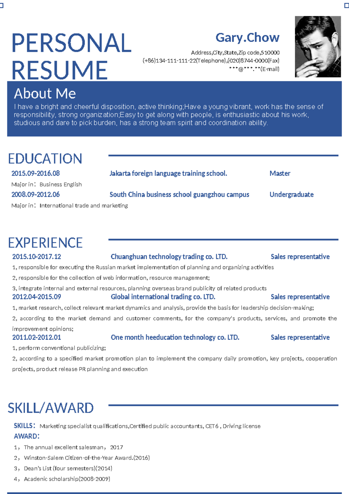 Blue Simple Resume-WPS Office - Gary Address,City,State,Zip code, - Studocu