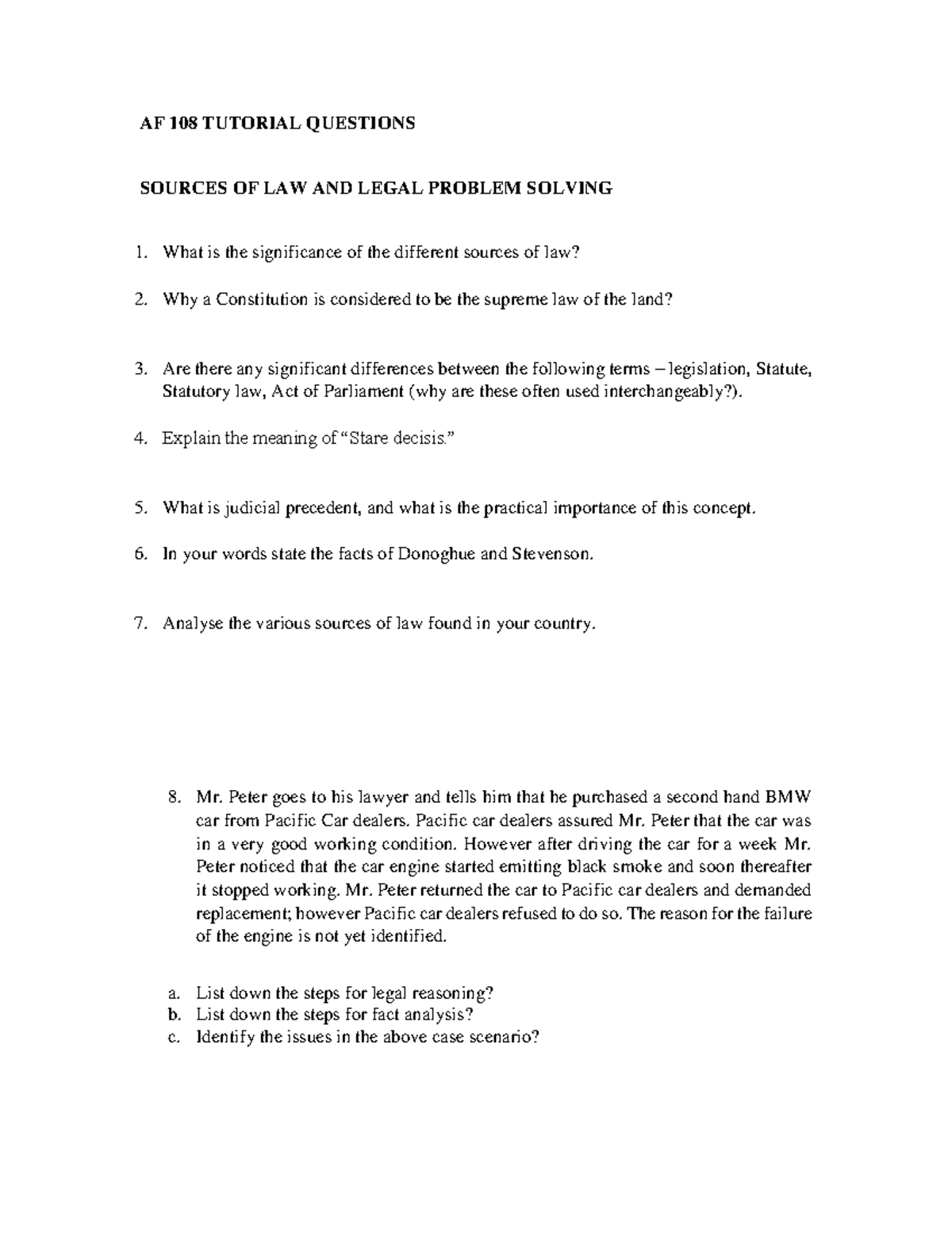 AF 108 Week 2 Tutorial Questions(1) - Commercial law - USP - Studocu