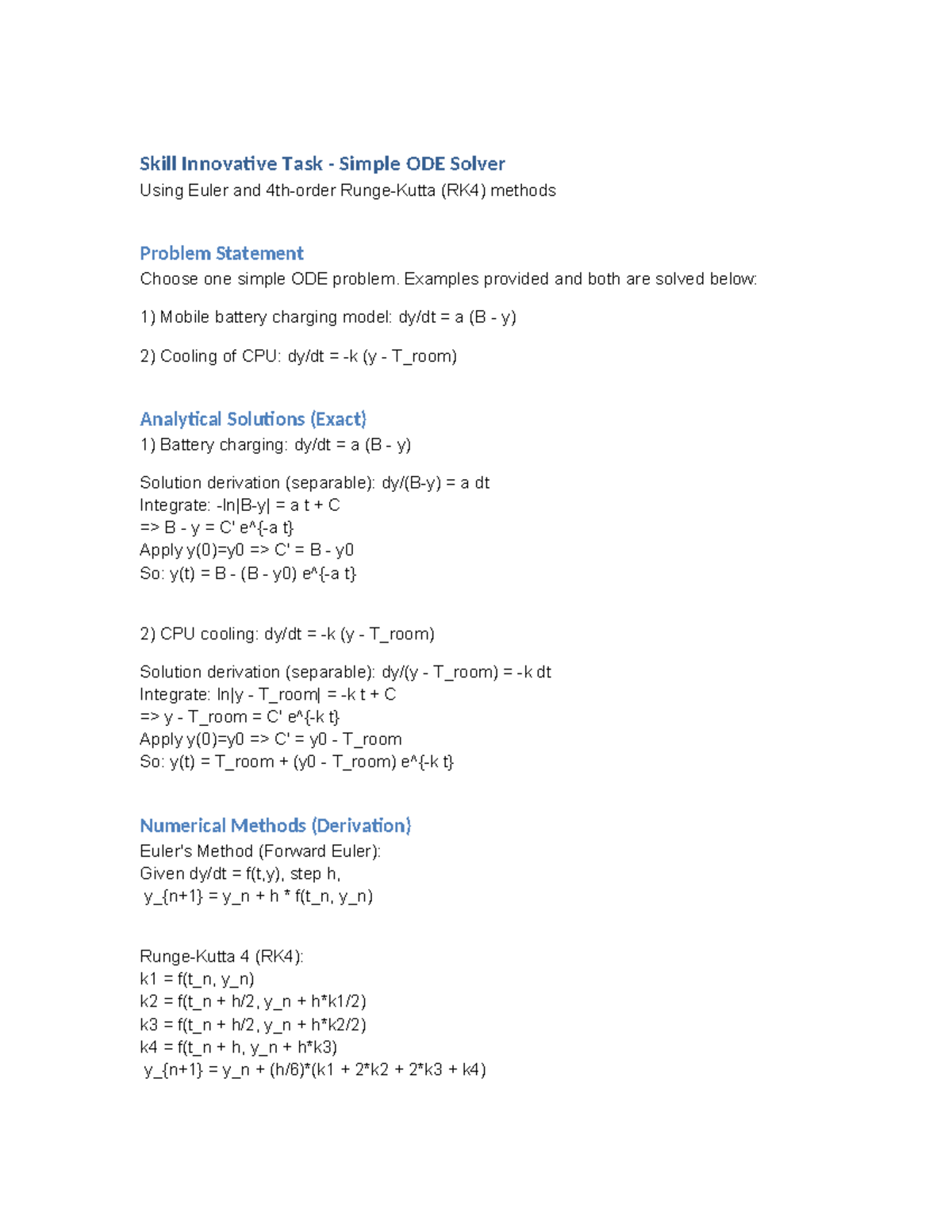Simple ODE Solver Assignment (Final) - Euler & RK4 Methods - Studocu