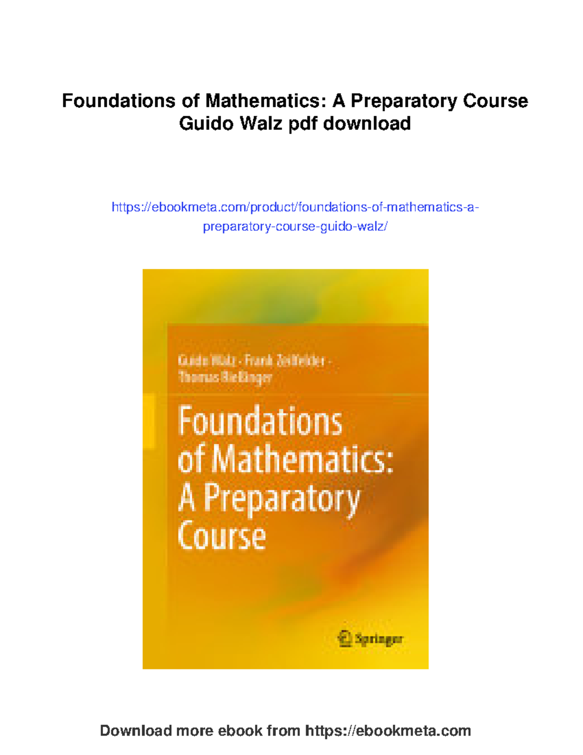 Foundations of Mathematics: A Prep Course by Walz, Zeilfelder ...