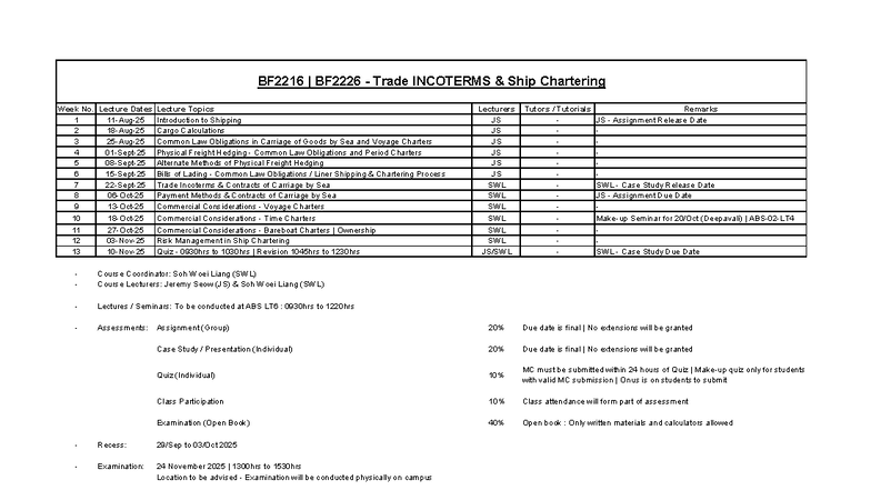 BF2216 Trade INCOTERMS Ship Chartering Course Outline & Schedule - Studocu