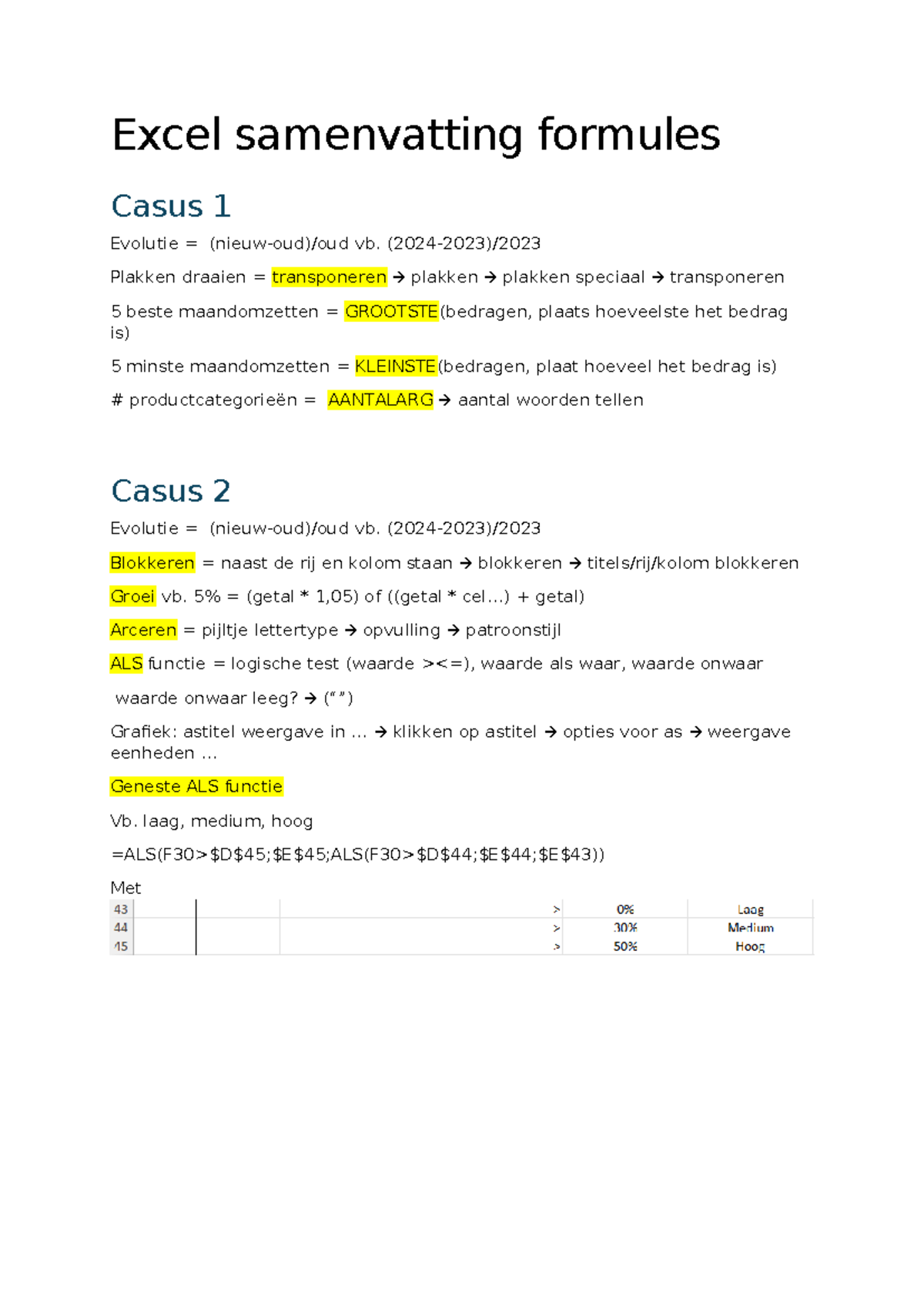 Excel Samenvatting Formules Casus 1-8: Functies en Toepassingen - Studocu