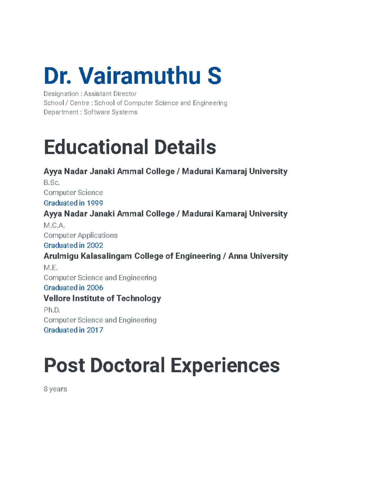 DR Vairamuthu VIT - aaa - Dr. Vairamuthu S Designation : Assistant Director School / Centre ...