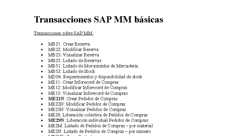 Transacciones Básicas SAP MM: Guía Completa de Códigos - Studocu